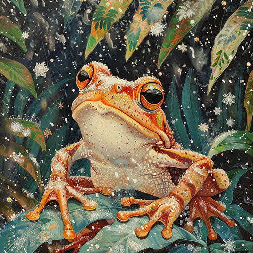 Frog's first meeting with snowflakes, contrasting tropical and winter ...