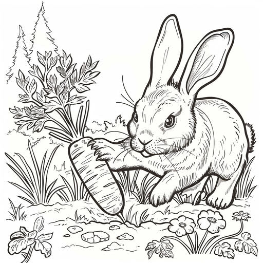 Playful scene of a rabbit pulling a large carrot out of the ground ...