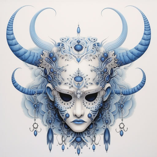 Blue face with wings and horns, unique yokai style, Chinese art – IMAGELLA