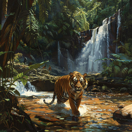Elusive Sunda tiger crossing shallow river with waterfalls – IMAGELLA