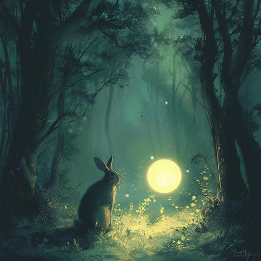 Rabbit gazing at glowing orb in the forest at night – IMAGELLA