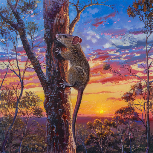 An antechinus climbing a tree with a colorful sunset backdrop in the ...