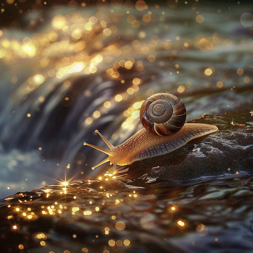 Snail at the edge of a sparkling stream in the style of Tim Flach ...