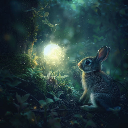 Rabbit gazing at glowing orb in forest at night – IMAGELLA