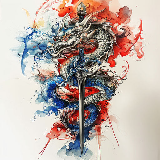 Creative sketch of a dragon curling around a sword, dynamic reds and ...