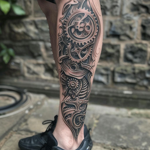 Mechanical leg tattoo with gears in the style of Guy Aitchison – IMAGELLA