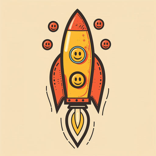 Cheerful flat tattoo sketch of a rocket with smiley faces on its wings ...