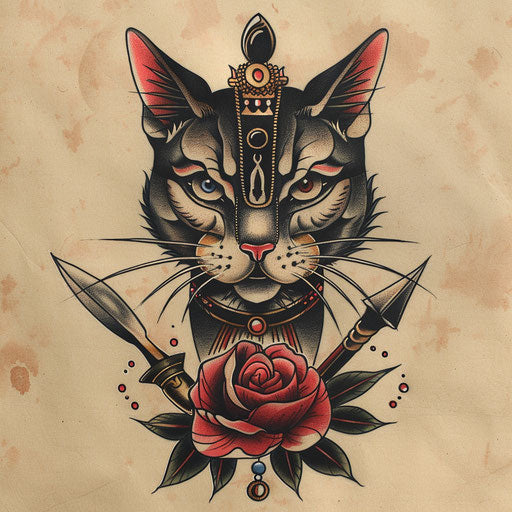 Flat tattoo sketch of Bastet with vintage rose and dagger – IMAGELLA