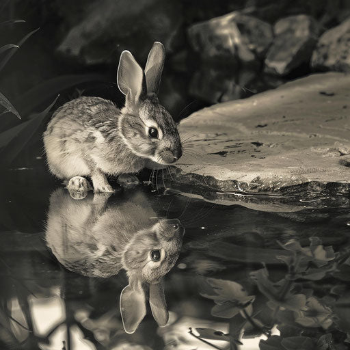 Rabbit's reflection in a crystal-clear pond, tranquility and self ...