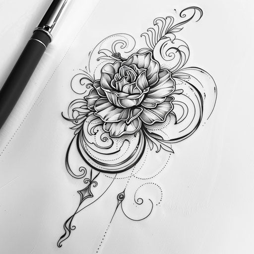 Flat tattoo sketch of a gypsy rose with elegant, flowing calligraphy ...