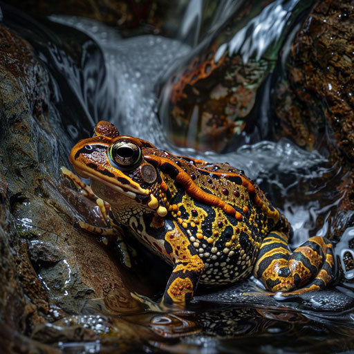 Vibrant pattern of a Western leopard toad on wet rocks by a rushing ...