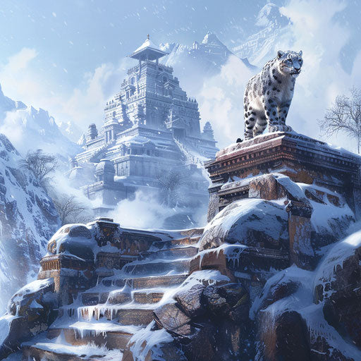 Snow leopard guarding ancient snow-covered temple – IMAGELLA
