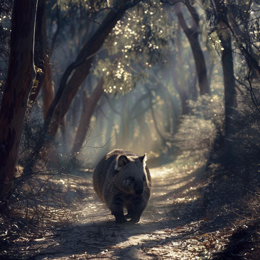 Wombat walking along a trail with dappled sunlight through trees – IMAGELLA