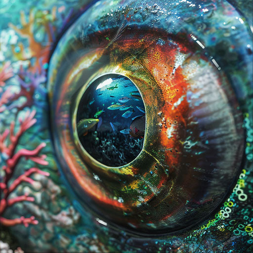 Swordfish eye reflecting colorful underwater landscape – IMAGELLA