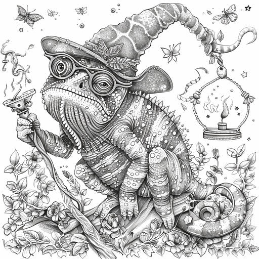 Whimsical chameleon with a wizard hat and glasses, casting a spell ...