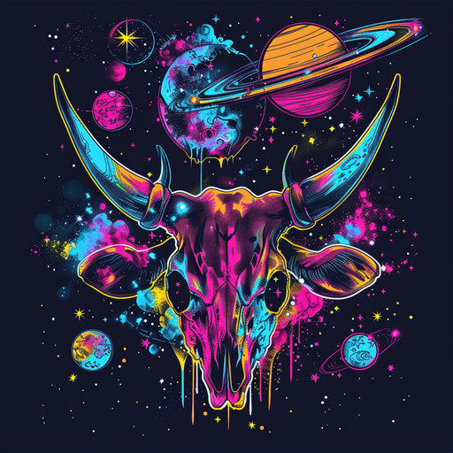 Cow skull floating among cosmic stars and planets in neon – IMAGELLA