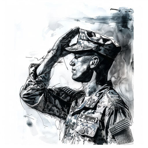 Military salute with flag in black and grey on white paper – IMAGELLA