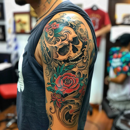Half sleeve tattoo for men in the style of Ed Hardy with roses and ...
