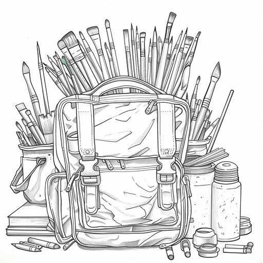Playful scene of a backpack overflowing with art supplies. Coloring ...