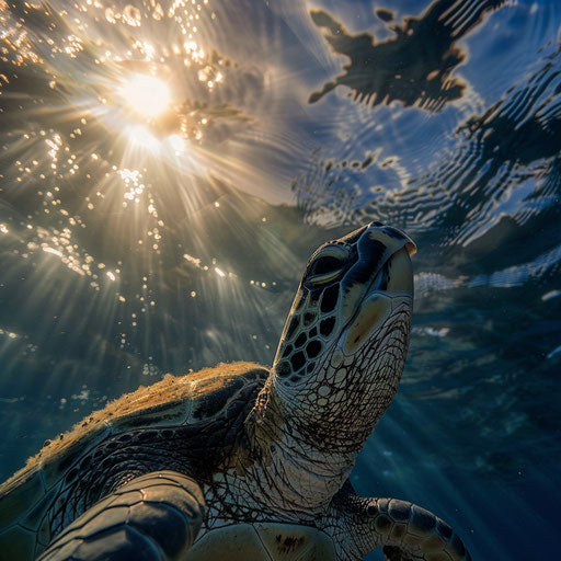 A green sea turtle's view, gazing upwards at the water's surface – IMAGELLA