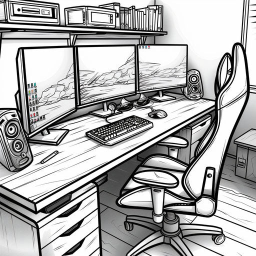 Computer desk with dual monitors and gaming chair. Coloring book page ...