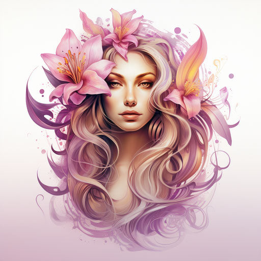 Lilly portrait on white background, decorative style, light magenta and ...