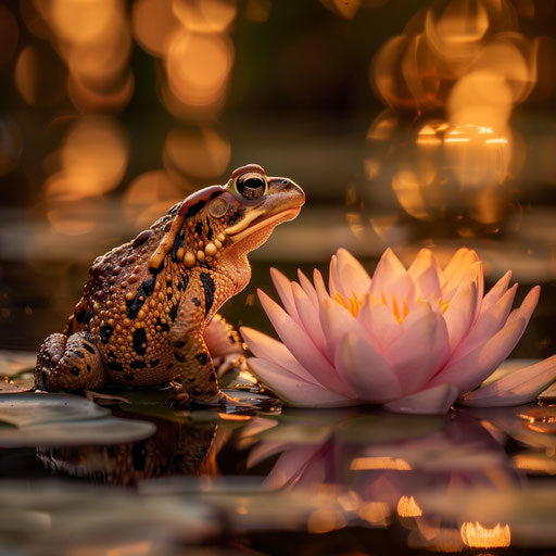 Western leopard toad on a lily pad in a serene pond at sunset – IMAGELLA