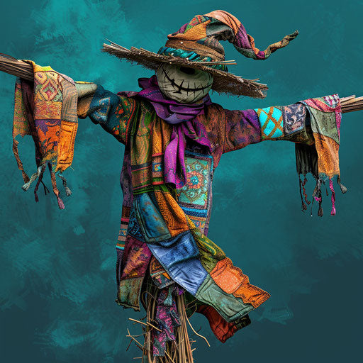 Realistic scarecrow clipart with flat teal background, vibrant ...