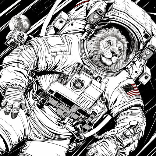 Lion astronaut exploring space in the style of Hideo Kojima coloring ...