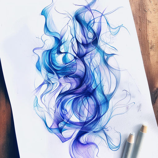 Sketch of an abstract fire tattoo, twisting blue and purple flames on ...