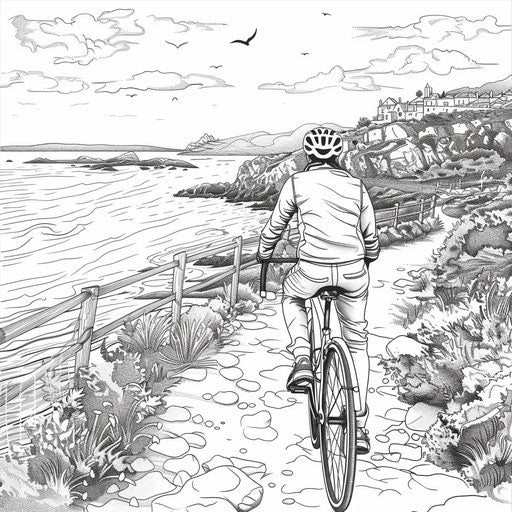 Cyclist on coastal path coloring book page – IMAGELLA
