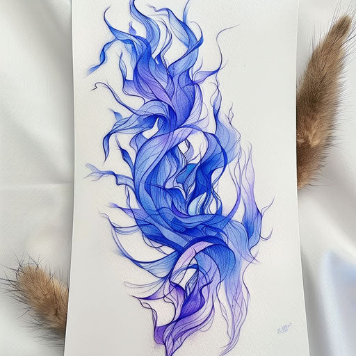 Abstract fire tattoo sketch, blue and purple flames on white canvas ...
