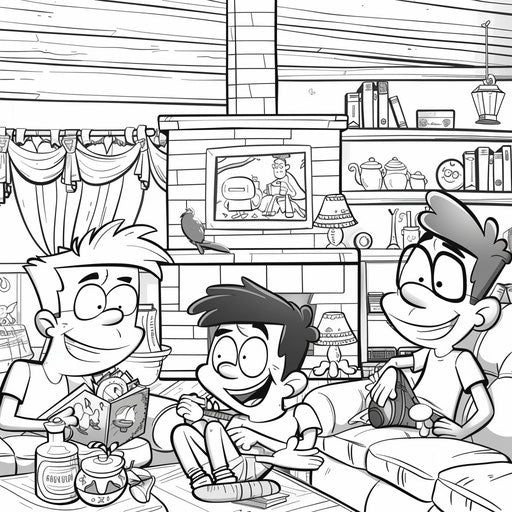 A playful cartoon scene with animated characters relaxing in the style ...