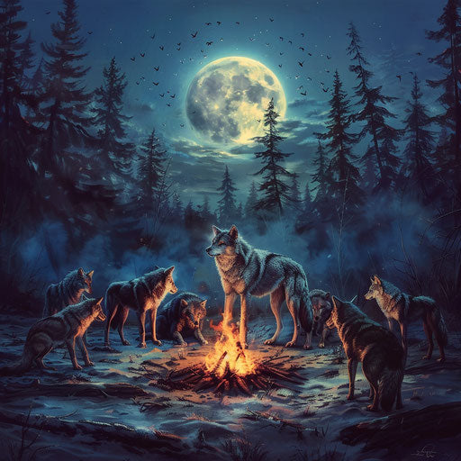 Alpha wolf guarding pack around fire in forest clearing – IMAGELLA