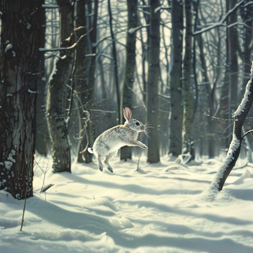Wild rabbit jumping in a snow-covered forest, Gregory Colbert style ...