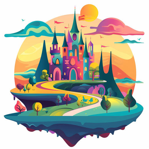 Fantasy world cartoon logo with whimsical landscapes and bright colors ...
