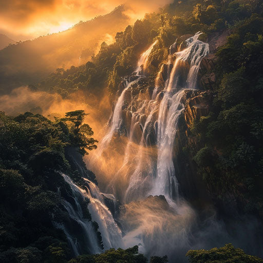 Waterfalls surrounded by epic mist in golden hour light – IMAGELLA