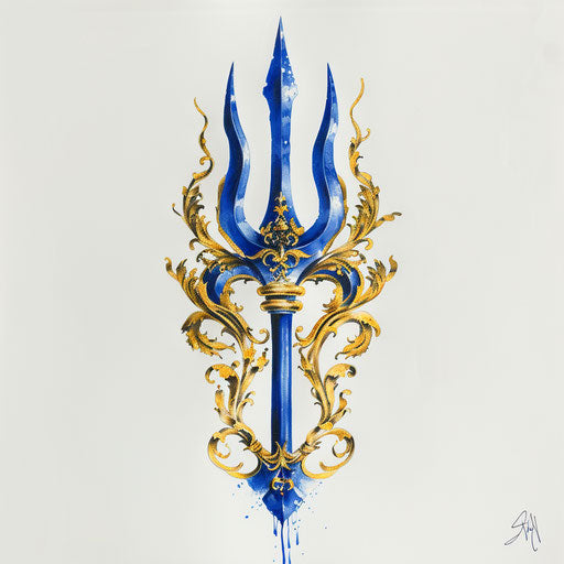 Baroque trident tattoo with gold filigree and royal blue – IMAGELLA