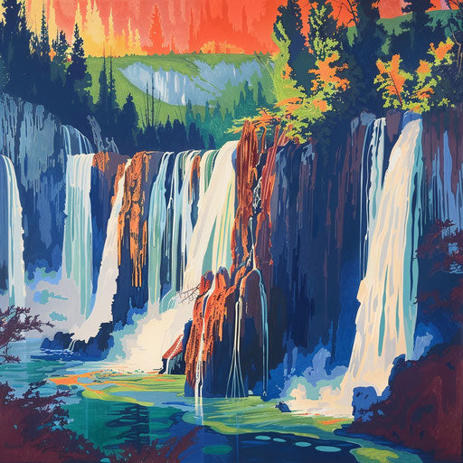 Burney Falls, California, bold, vibrant color palette, Ed Mell style ...