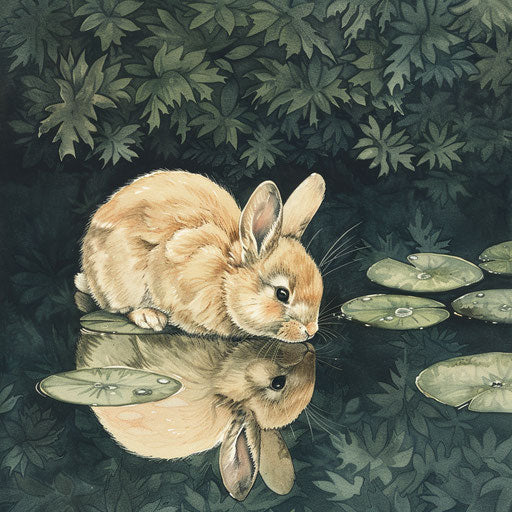 Rabbit's reflection in a crystal-clear pond, moment of tranquility and ...