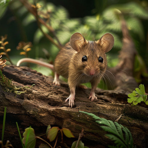 Scampering mouse on a log in a lush forest – IMAGELLA