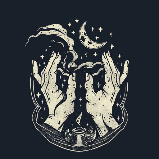 Artistic flat tattoo sketch of a pair of witch's hands conjuring a ...