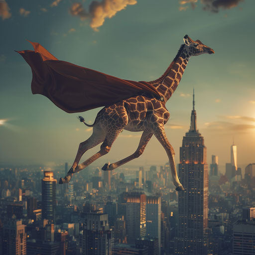 Giraffe superhero flying over the city – IMAGELLA