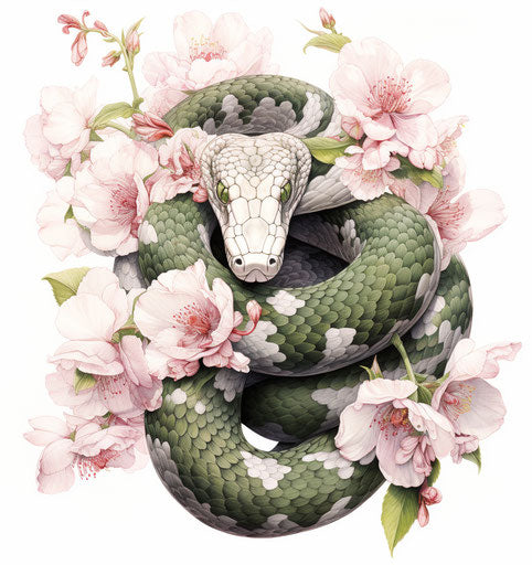 Snake with black orchids, cherry blossoms style – IMAGELLA
