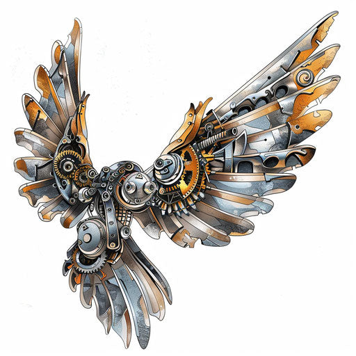 Steampunk-inspired mechanical wings tattoo with metallic shades on ...
