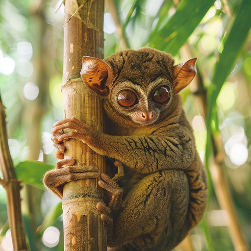 Close-up of a tarsier clinging to a bamboo stalk, with lush green ...
