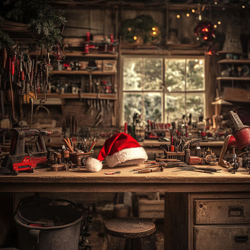 Festive workshop scene with a Santa hat on workbench cluttered with ...