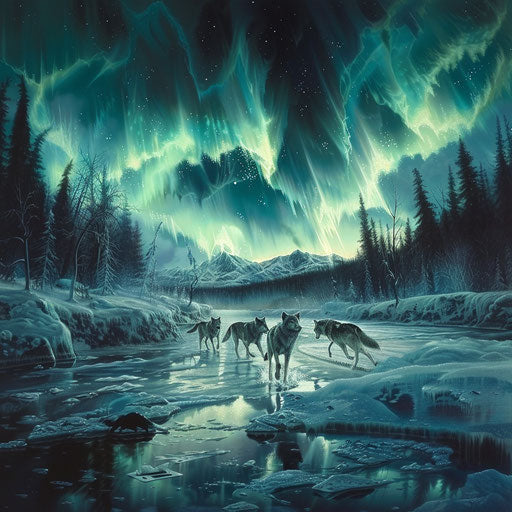 Wolves crossing a frozen river under the northern lights – IMAGELLA