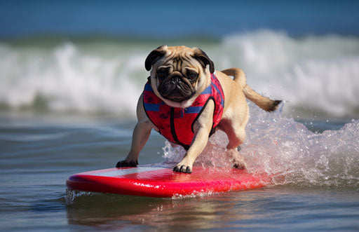 The pug in surf gear on surfboard, grandparentcore style – IMAGELLA
