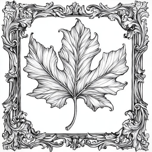 Leaf with baroque frame and intricate details, coloring page – IMAGELLA